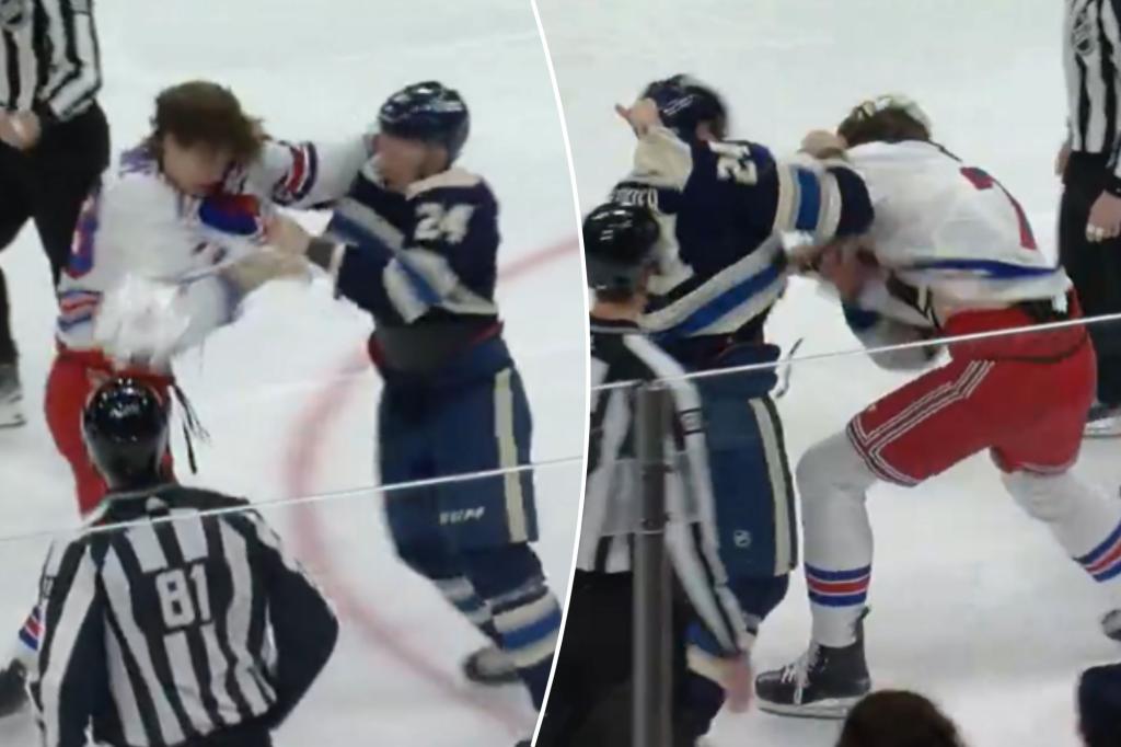 Rangers' Matt Rempe fights Blue Jackets' Mathieu Olivier ... Rangers' Matt Rempe fights Blue Jackets' Mathieu Olivier ...